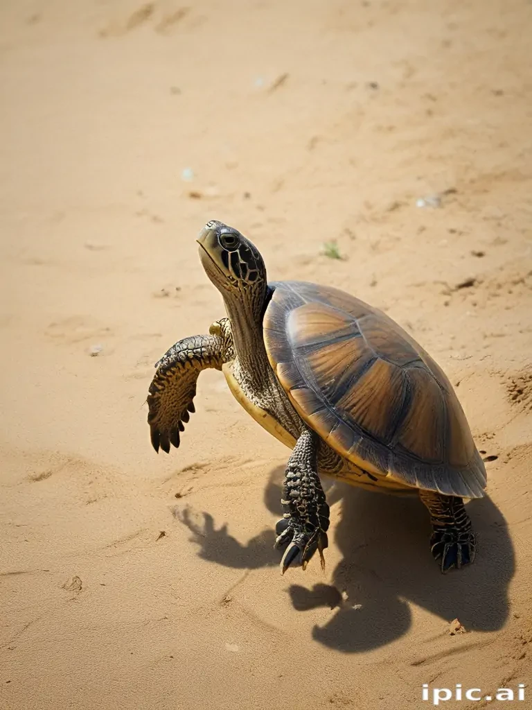A Curious Turtle Exploring the Sandy Shore Under the Bright Sunlight