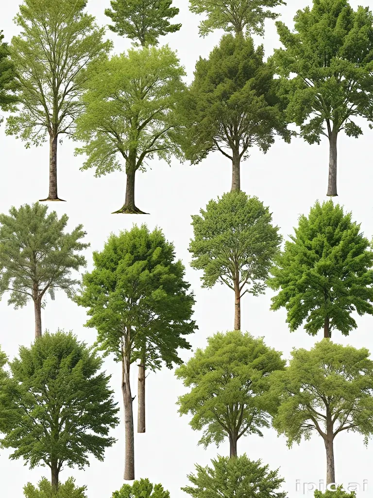 A Beautiful Collection of Diverse Green Trees Against a White Background.
