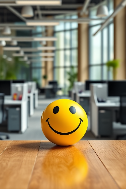 A Bright Yellow Smiley Face Ball in a Modern Office Environment.