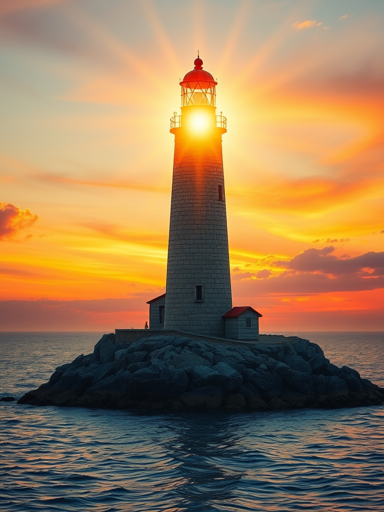 Radiant Lighthouse Standing Tall Against a Vibrant Sunset Over Ocean Waves