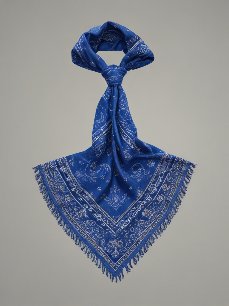 Elegant Blue Bandana with Intricate Paisley Design and Fringe Edges.