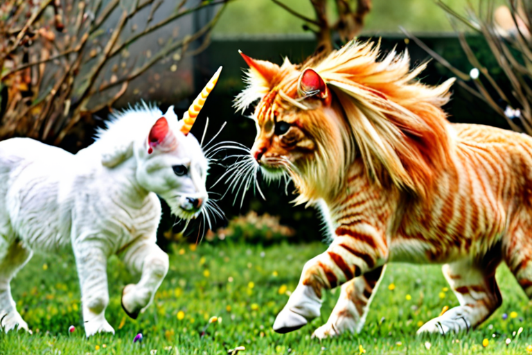 Hercules, the orange cat with a fluffy mane fighting unicorns