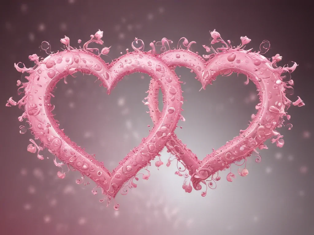 Two Intertwined Pink Hearts Adorned with Delicate Flowers and Water ...