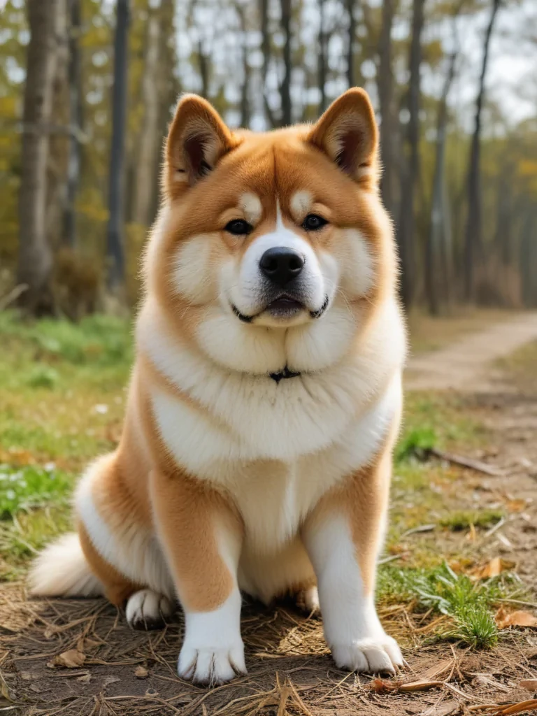 A Majestic Akita Dog Sitting Proudly on a Scenic Forest Path.
