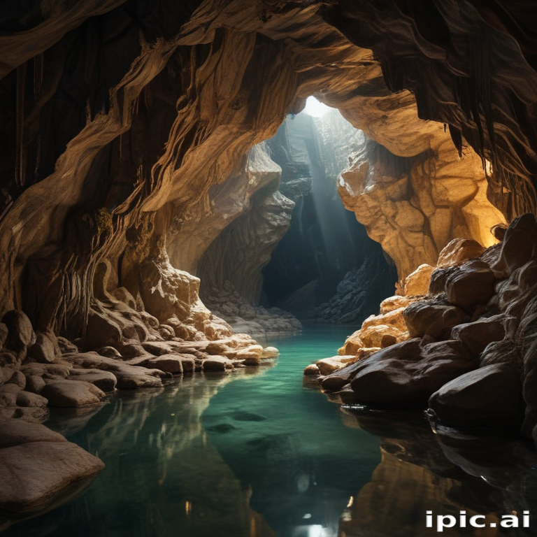 Majestic Cave Interior with Crystal Clear Water and Dramatic Light Beams