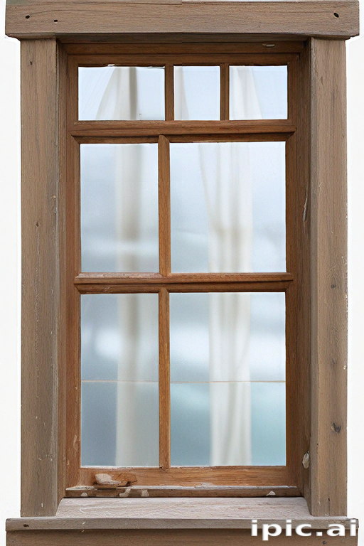 Charming Wooden Window Framed by Soft Curtains and Tranquil Views Beyond