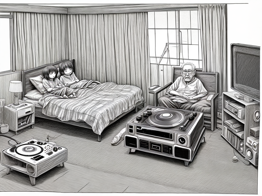 2D manga anime style image, an elderly couple sleeping at night in the ...