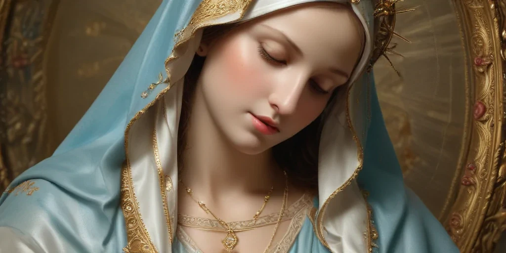 Elegant Depiction of a Serene Virgin Mary in Soft, Radiant Colors