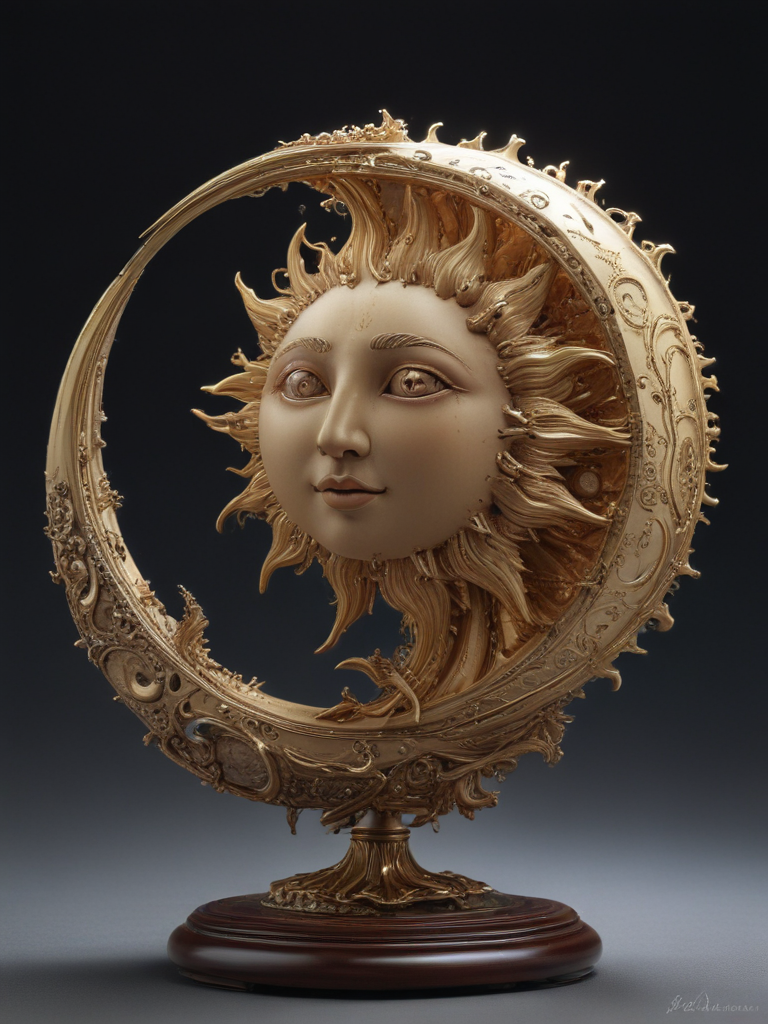 Intricate Sun Sculpture with a Serene Face Set in a Crescent Moon