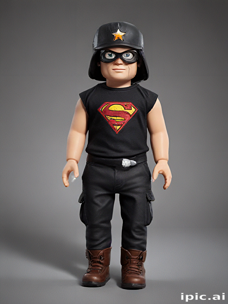 Stylized Action Figure Wearing Superhero Shirt and Military-Inspired Outfit