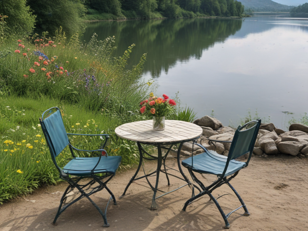 Flowers, table and chairs near river bank