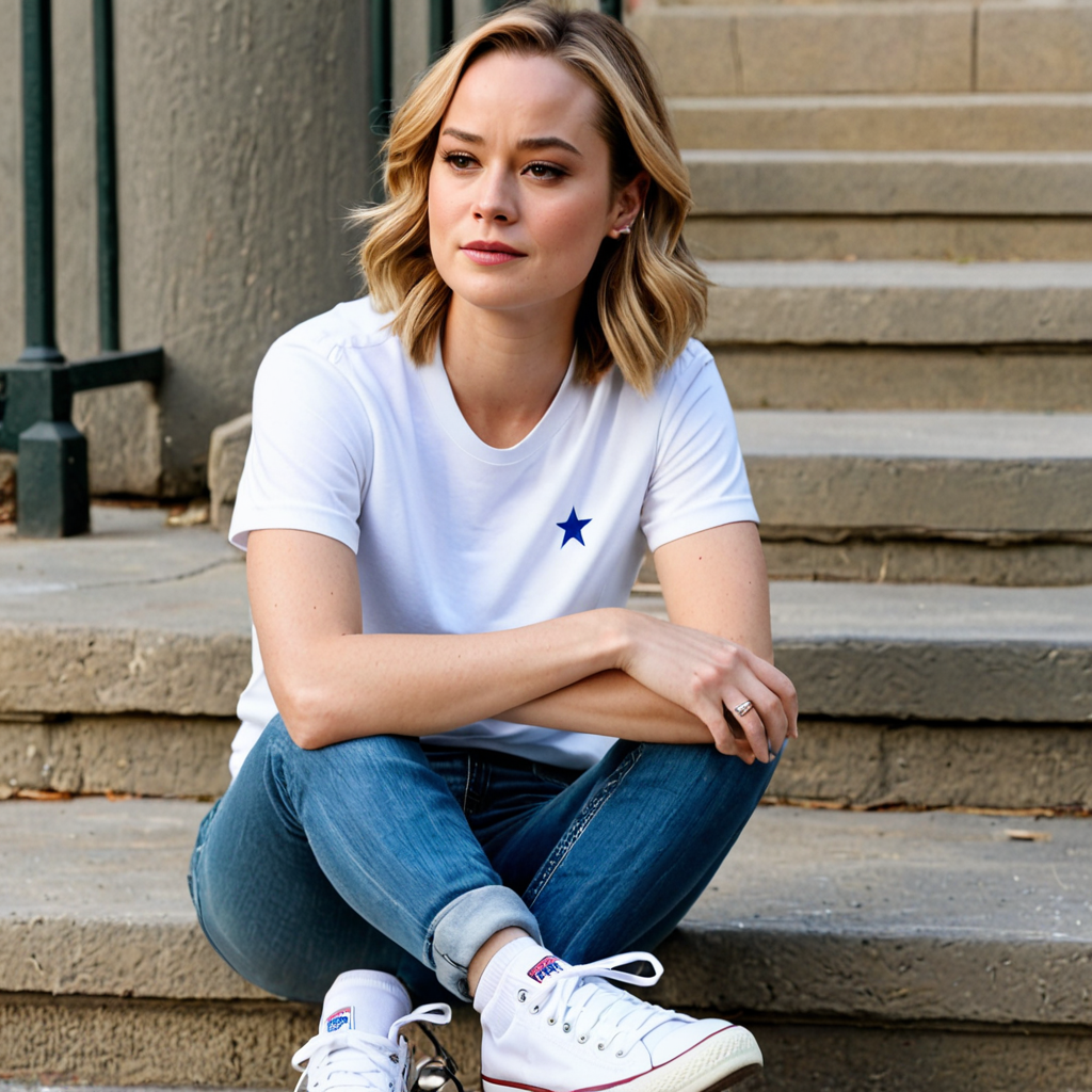 Mcu Brie Larson Carol Danvers Sitting in White Shirt, Blue Jeans, White ...