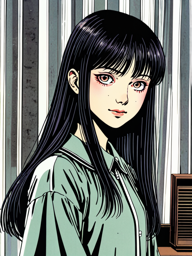sci-fi, tomie, curtain bangs, cyberpunk, junji ito, lain, smile, dark ...