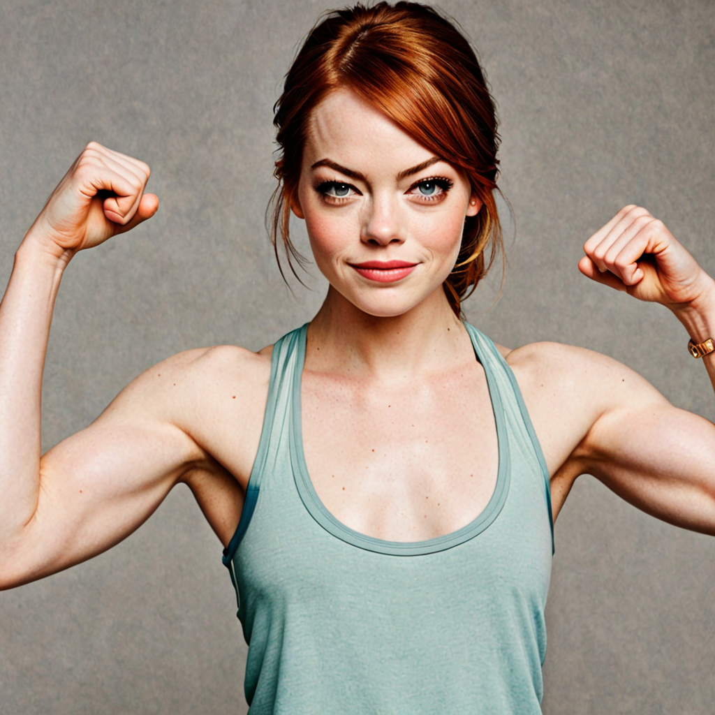 Youthful Emma Stone, flexing, huge biceps