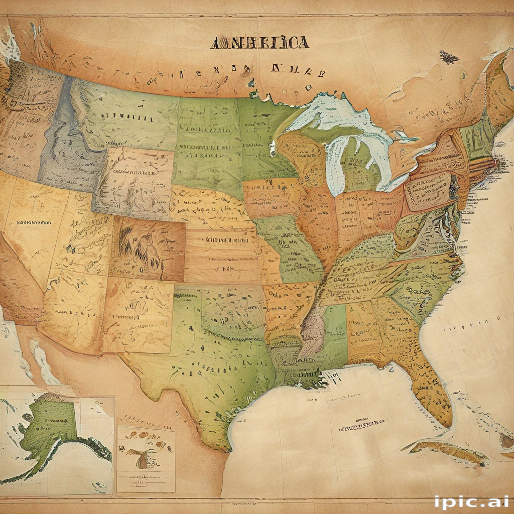 Vintage Map of the United States with Detailed State Boundaries and Regions