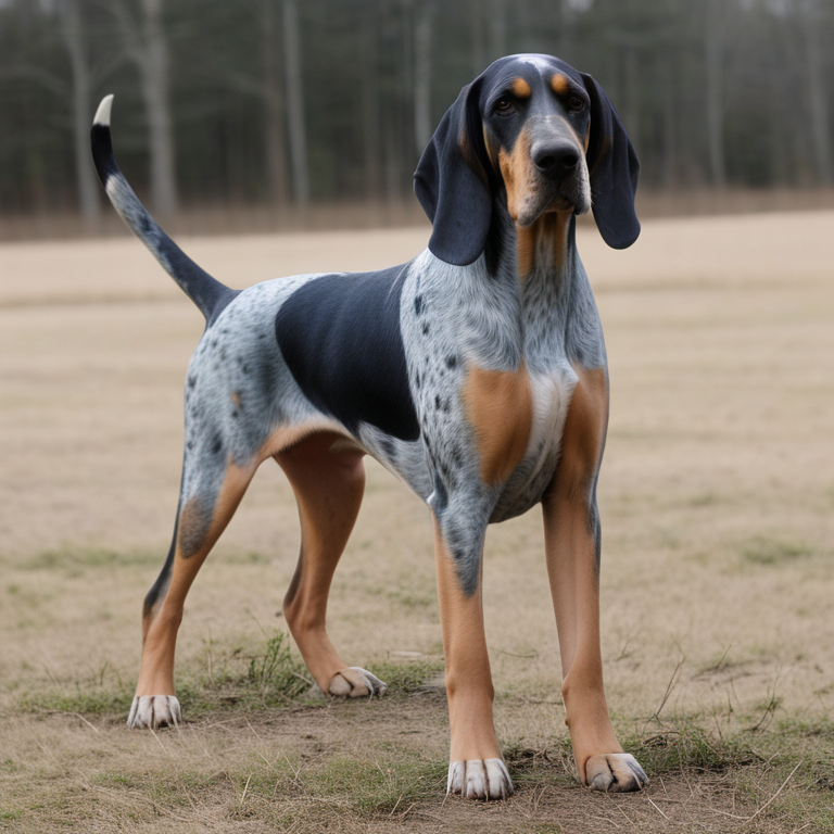A Majestic Blue-Ticked Hound Standing Proudly in a Serene Field.
