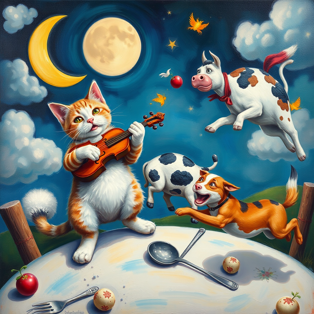 Whimsical Nighttime Scene with a Musical Cat and Playful Farm Animals
