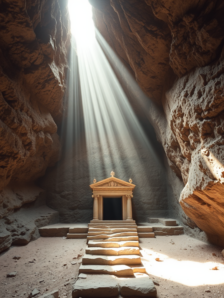 Ancient Temple Illuminated by Sunlight Streaming Through Rocky Canyon Walls