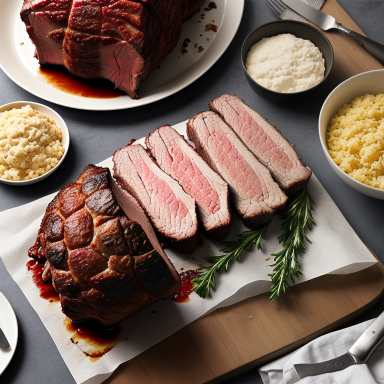Succulent Sliced Roast Beef with Fresh Herbs and Accompaniments on Table