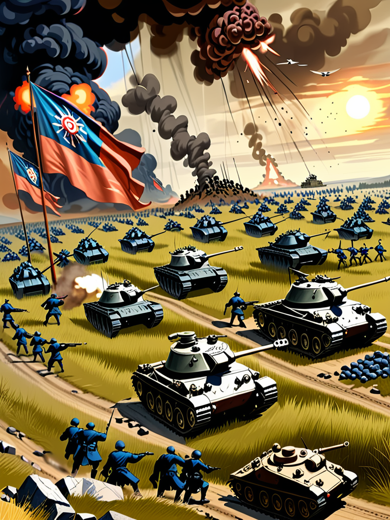 Epic Battle Scene Depicting Tanks and Soldiers in Dramatic Warfare