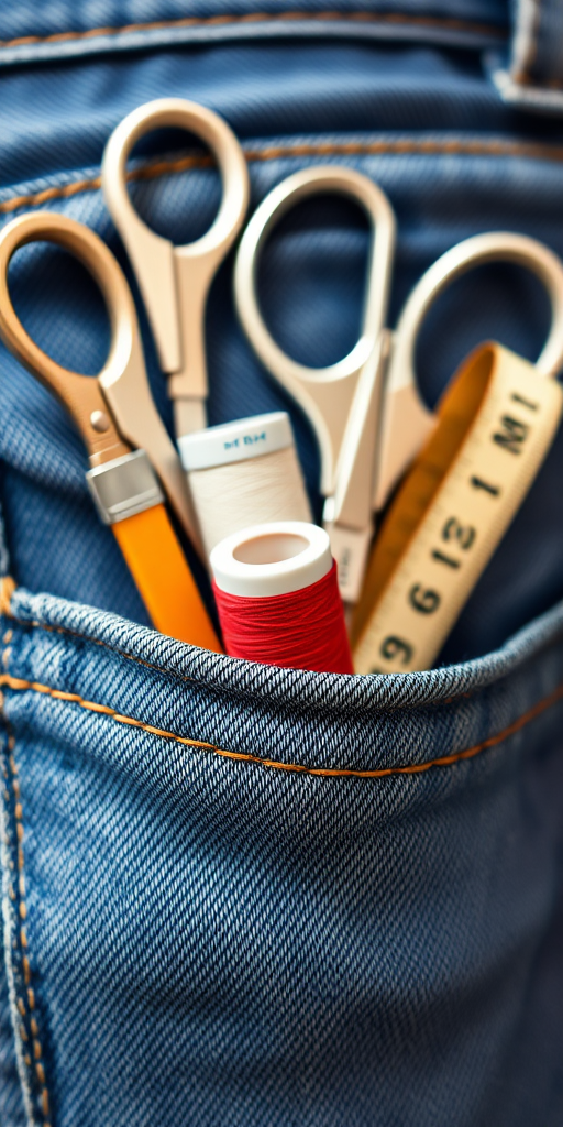 close-up of a denim pocket with thread spools, scissors, measuring tape ...