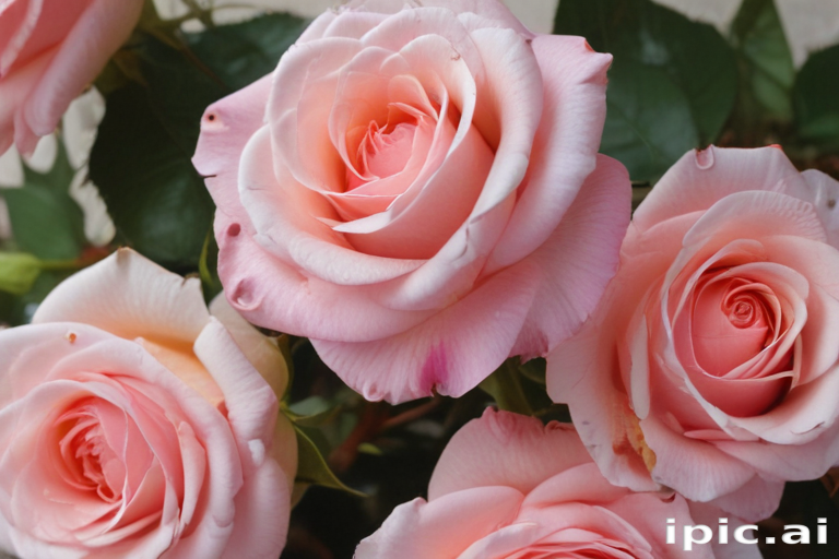 Beautiful Cluster of Soft Pink Roses in Full Bloom Against Green Leaves.
