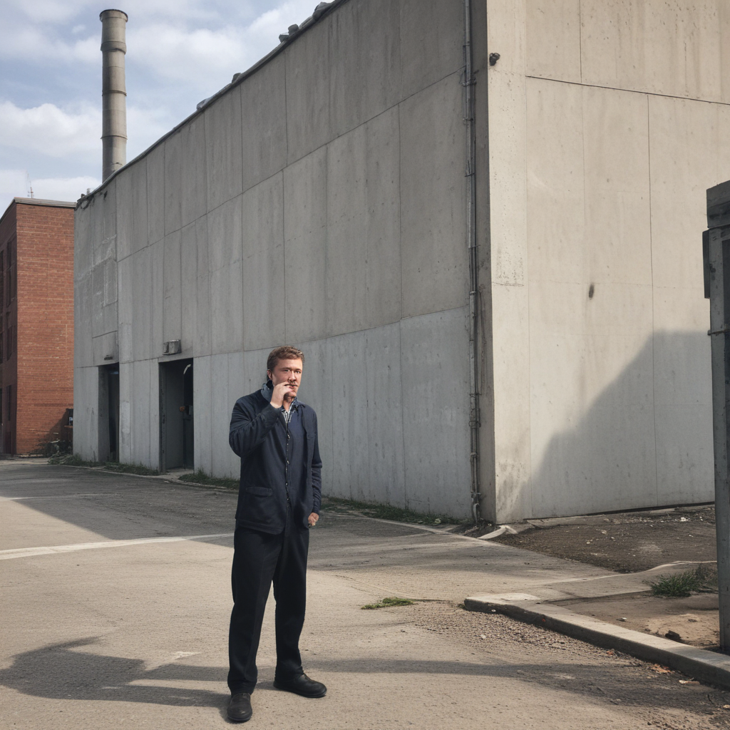 A figure standing outside a factory, trying to call out to people inside.