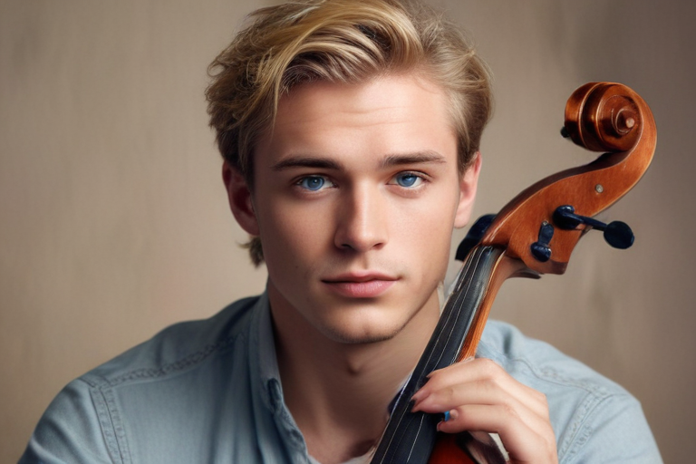male blonde musician with blue eyes and cello