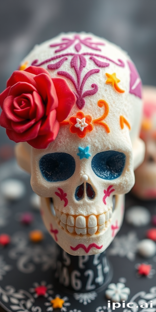 Colorfully Decorated Sugar Skull with Floral Accents and Intricate Designs