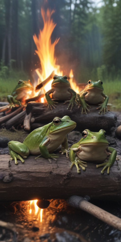 large group of frogs next to a campfire