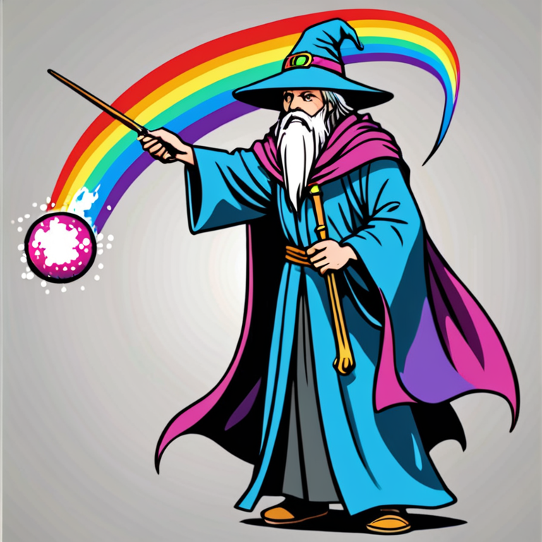 a wizard with a very colorful cloak with different colors and a brush ...