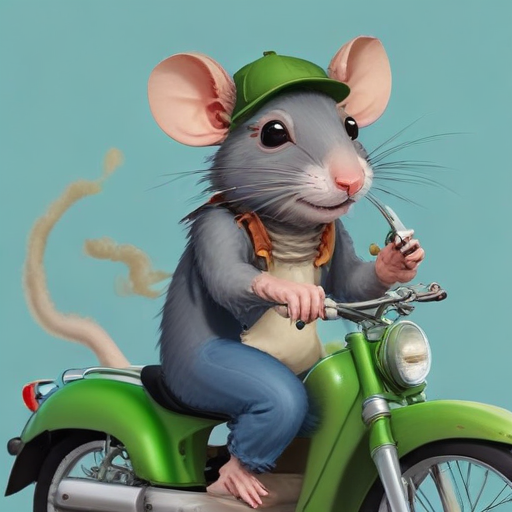 A cartoon rat smoking a cannabis joint riding a moped