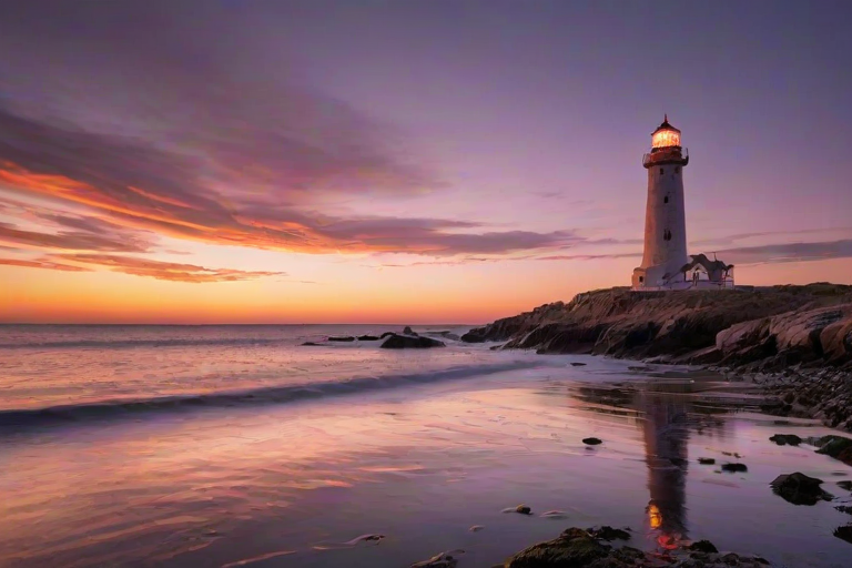 Serene Sunset at the Lighthouse with Reflections on Calm Waters