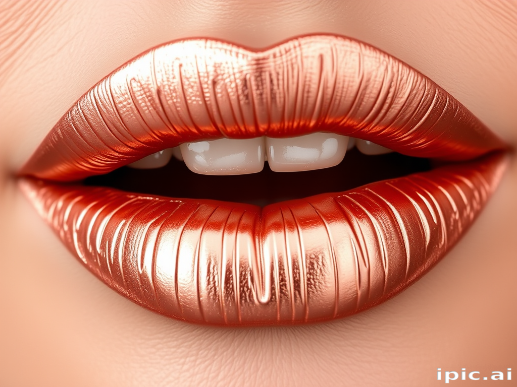 Close-Up of Glossy Metallic Lips Highlighting Intricate Textures and Shine