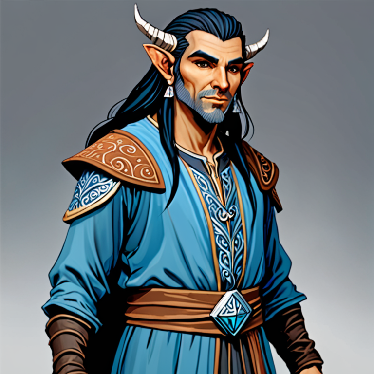 a firbolg from dnd, long swept back black hair, light blueish skin, gay ...