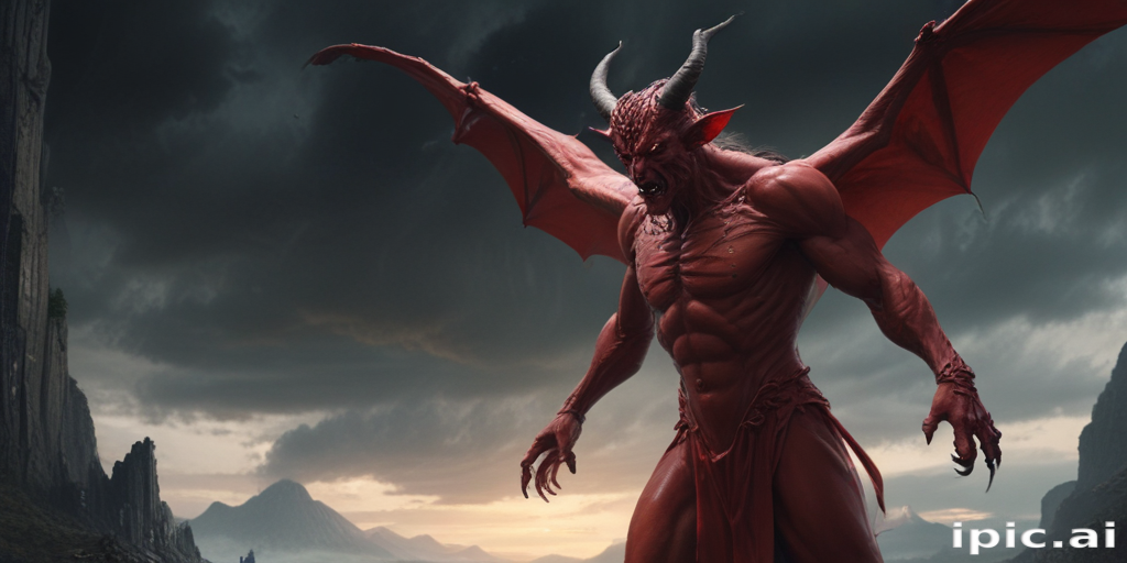 Majestic Red Demon with Wings Stands Against a Dark, Stormy Sky