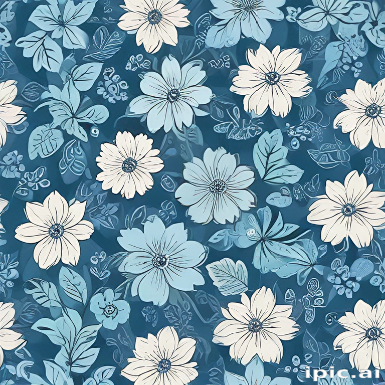 Vibrant Floral Pattern Featuring Light Blooms on a Deep Blue Background