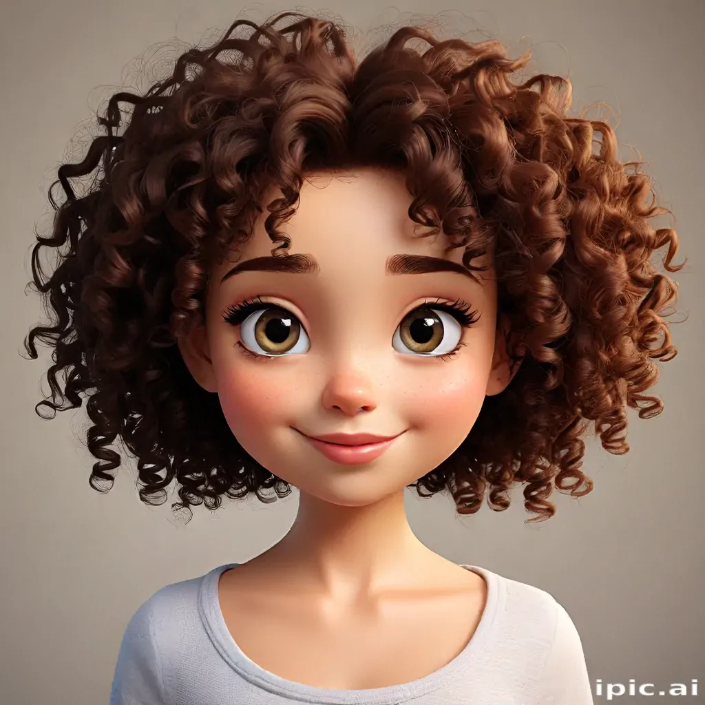 Cheerful Animated Character with Curly Hair and Bright, Expressive Eyes