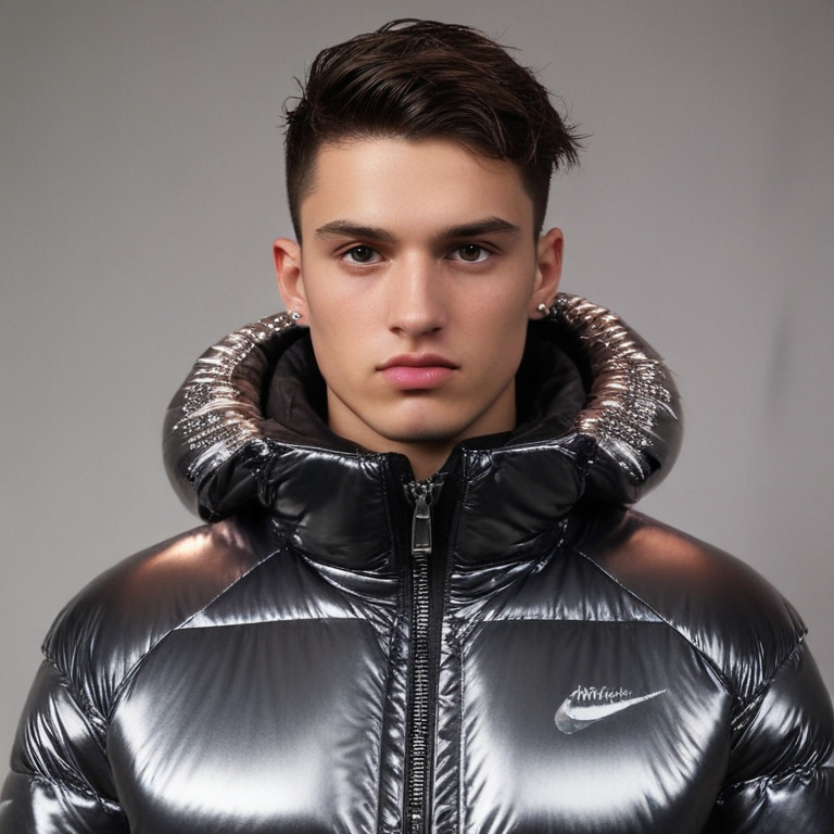 male supermodel nike shiny super puffer jacket bling jewellery hood ...