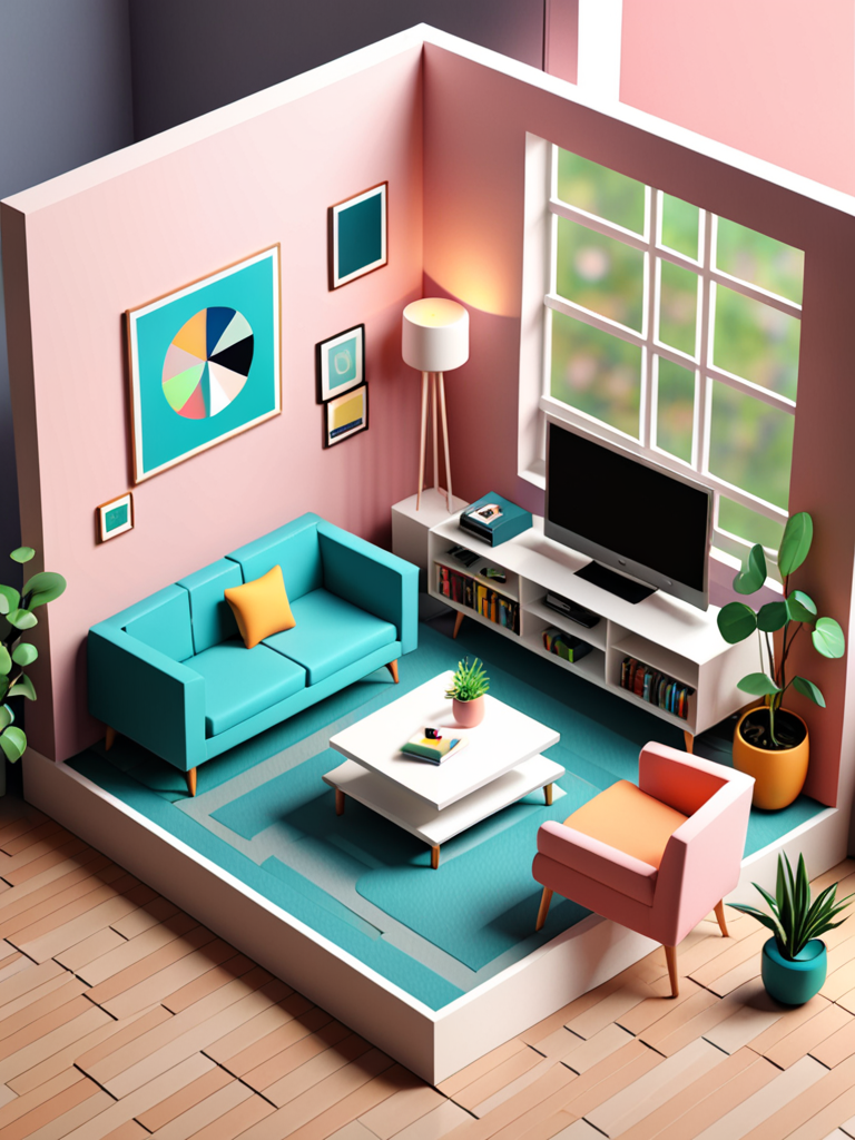 cube cutout of an isometric living room, 3d art, pastel colors, soft ...