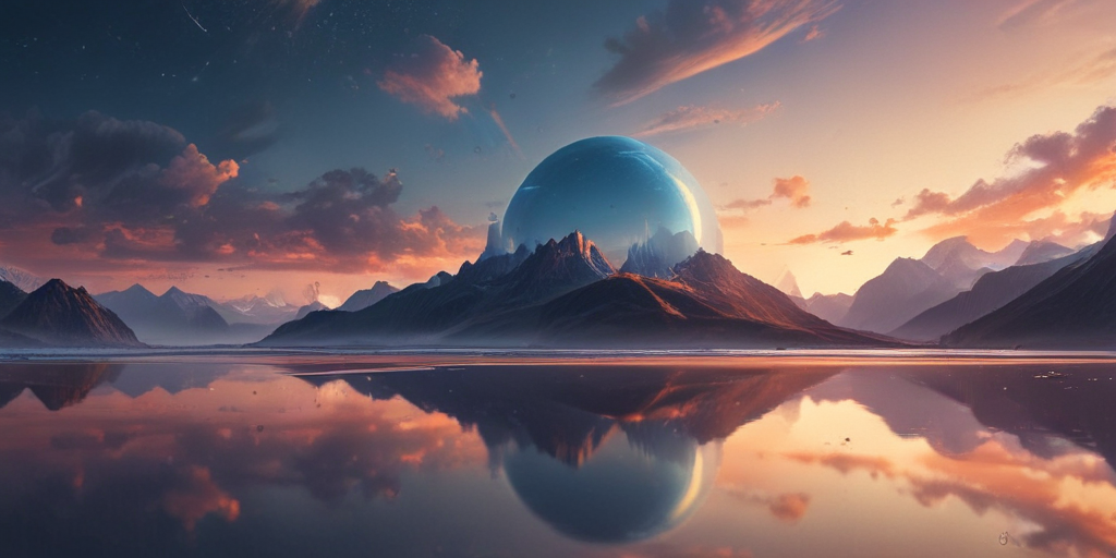 Serene Landscape at Dusk with a Giant Floating Orb Over Mountains