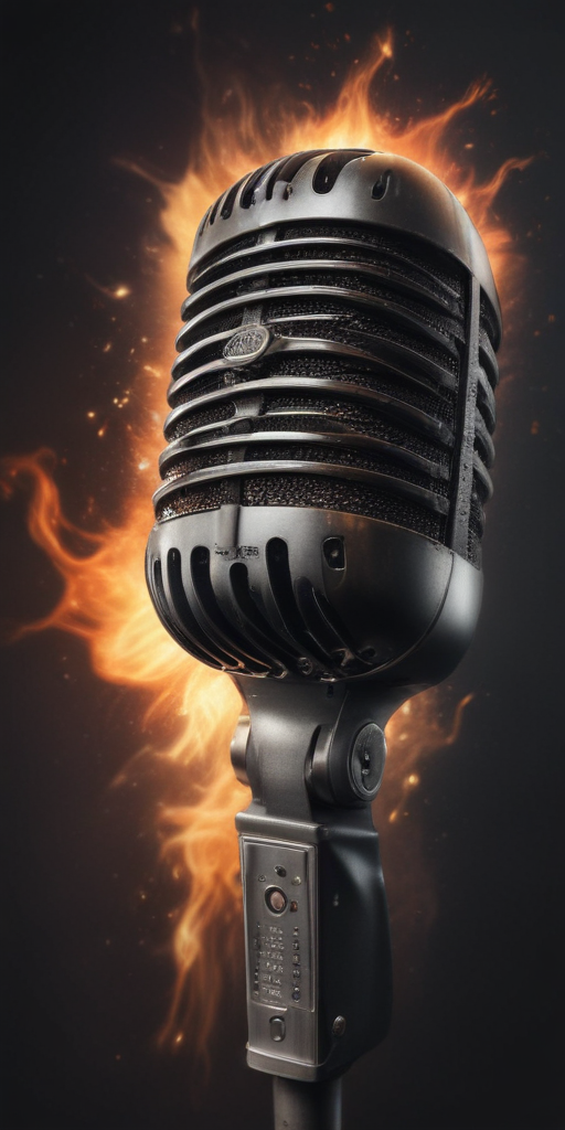Classic Vintage Microphone Surrounded by Fiery Flames Creating Dynamic ...