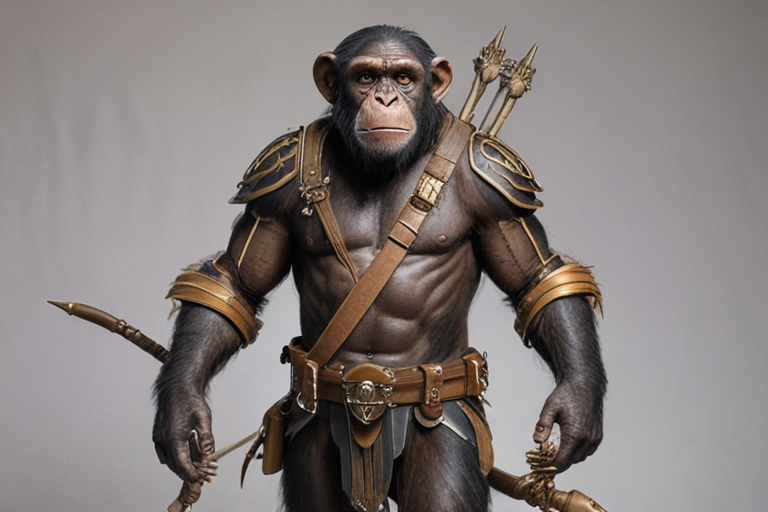 chimpanzee, war uniform crafted from fur and leather, adorned with two ...