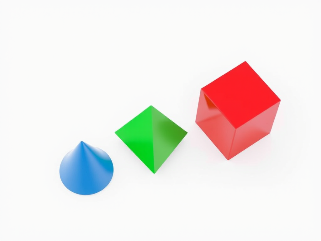 3D rendering of a red cube, a green pyramid, and a blue cone on a plain ...