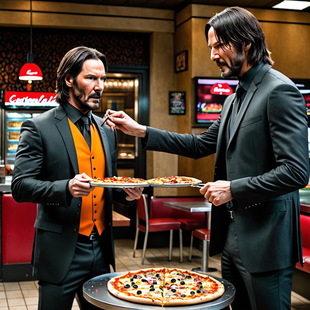 John Wick fighting Gordon Freeman in a Pizza Hut