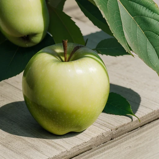 Fresh Green Apples Resting on a Wooden Table Surrounded by Leaves