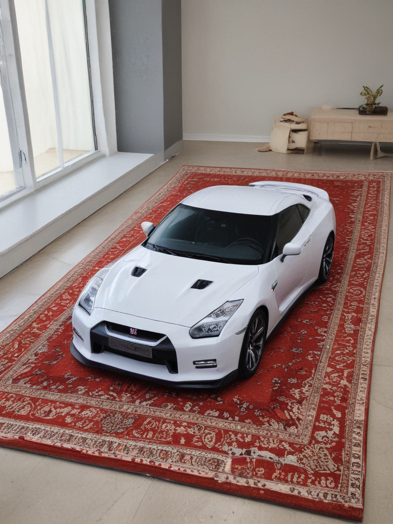 persian style rug with nissan gtr motif
