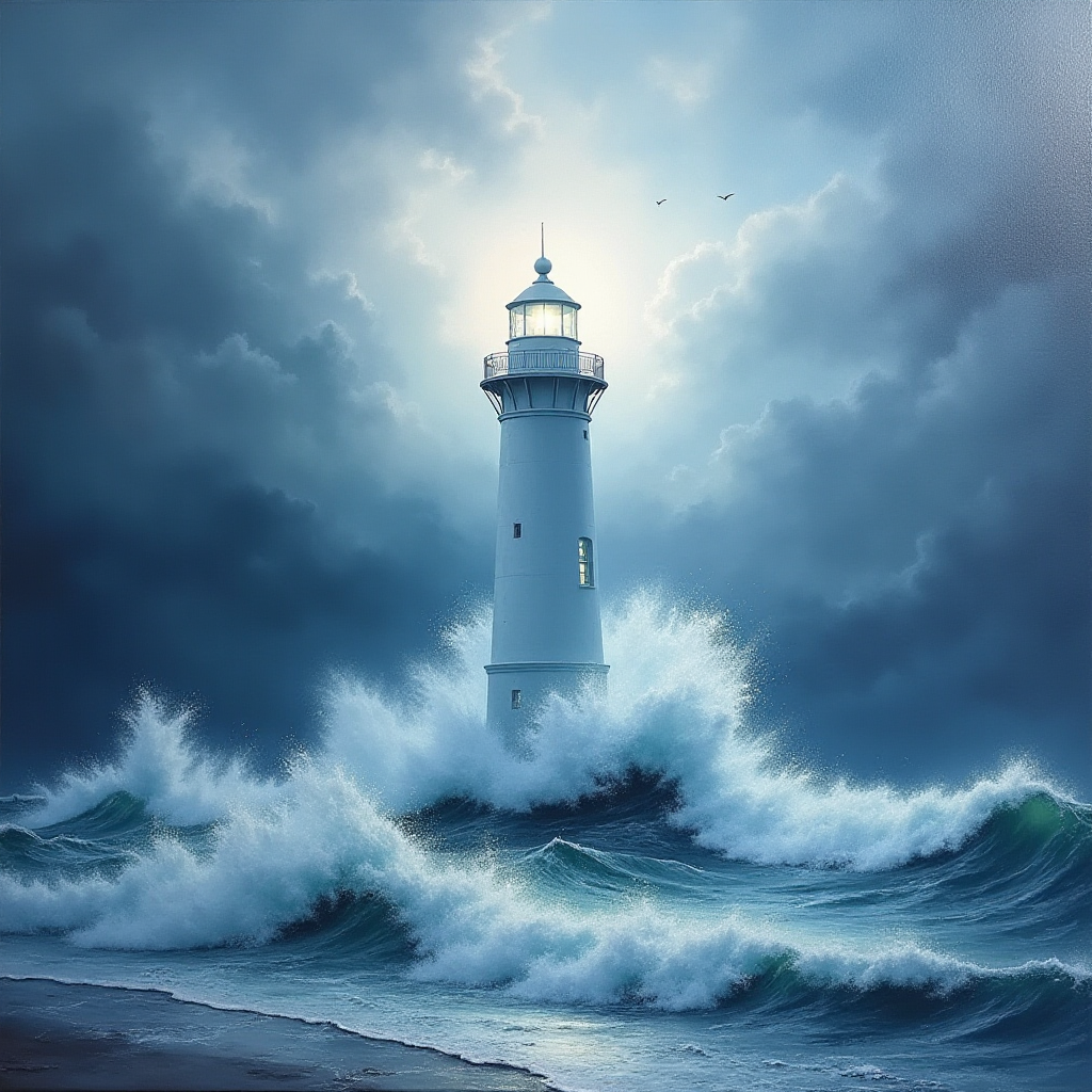 Majestic Lighthouse Standing Tall Amidst Turbulent Waves and Dramatic Skies