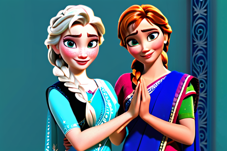 Elsa hug Anna take hands in saree indian smile frozen disney smile look ...