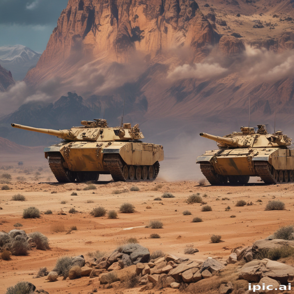 Two Military Tanks Maneuvering Through a Rugged Desert Landscape